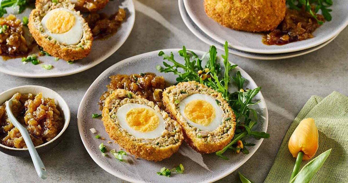 Soy Scotch Eggs with Onion relish | Recipe | Kikkoman