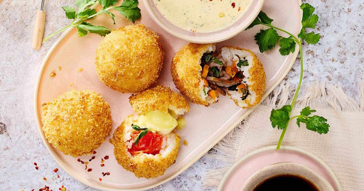 Mango poke mayonnaise dip with fried sushi rice balls | Kikkoman