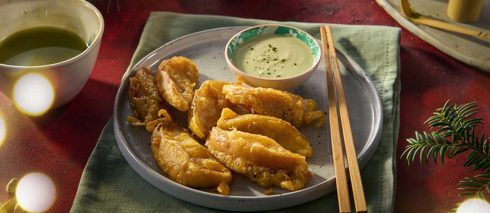 Crispy tempura apple bites with matcha dip | Recipe | Kikkoman