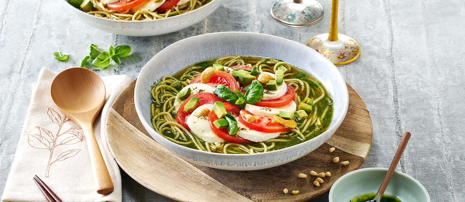 Caprese-style basil ramen with mozzarella | Recipe | Kikkoman