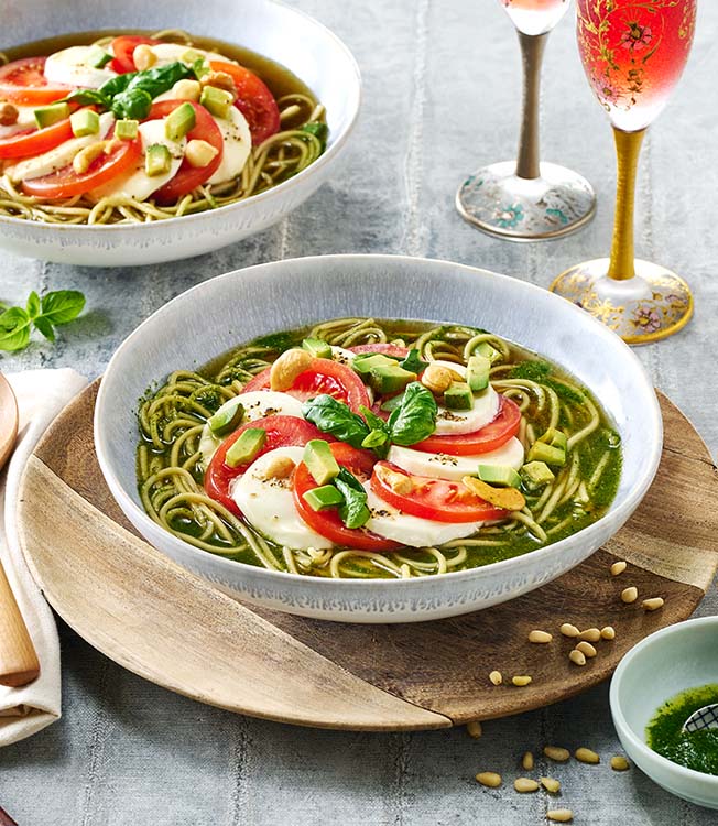 Caprese-style basil ramen with mozzarella | Recipe | Kikkoman