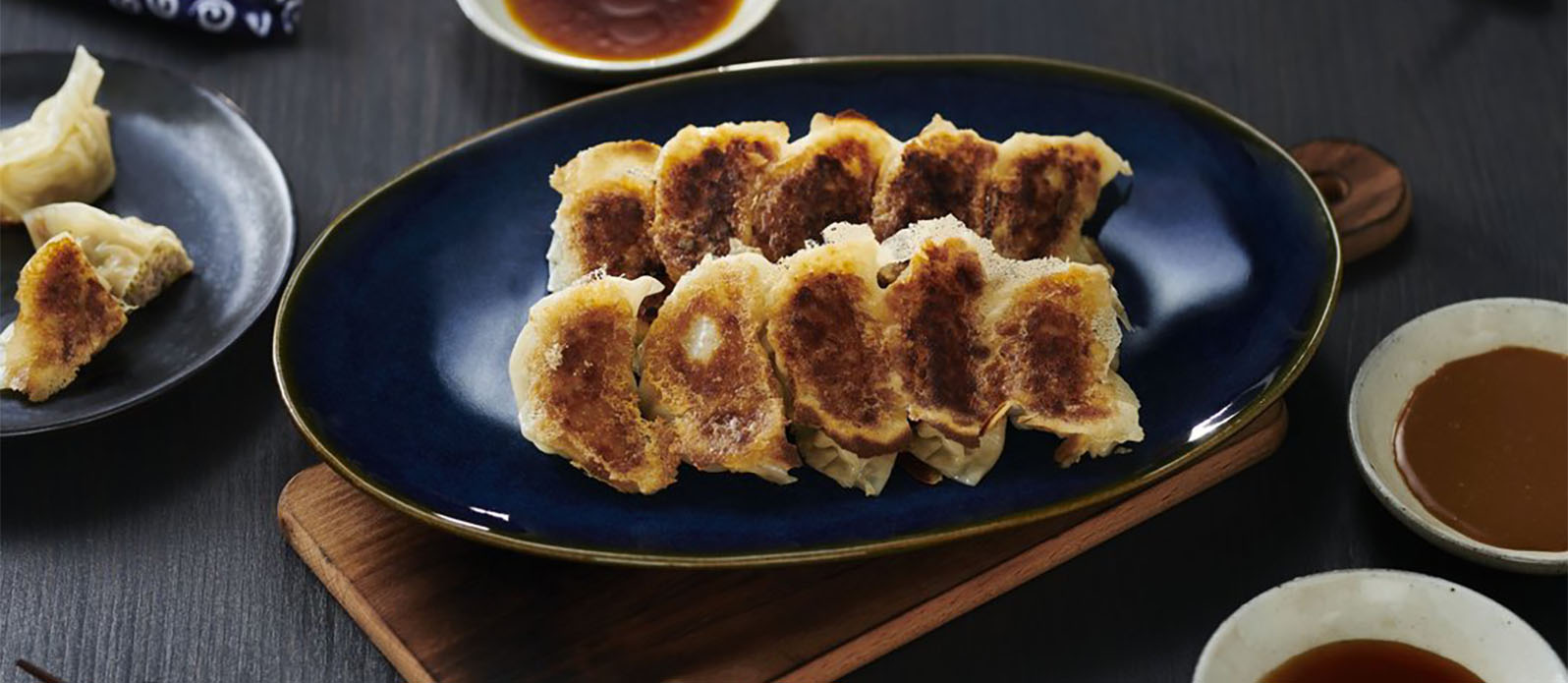 Lightly fried gyoza with 3 sauces | Recipe | Kikkoman