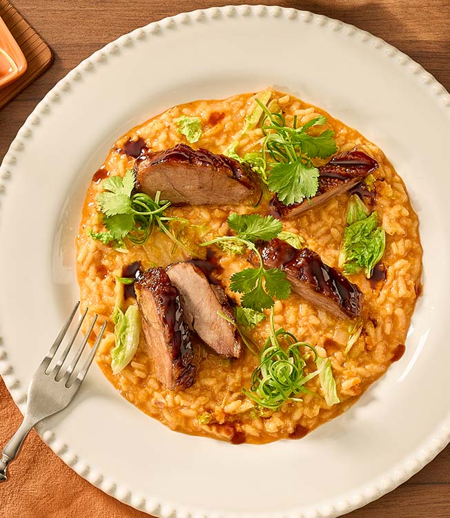 Kimchi risotto with crispy goose breast | Kikkoman