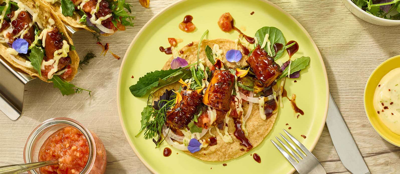 Teriyaki octopus tacos with tomato and wild herbs | Recipe | Kikkoman